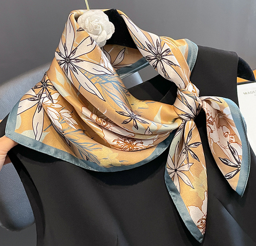100% Silk 26" large square Scarf Women neckerchief Wrap floral yellow ...