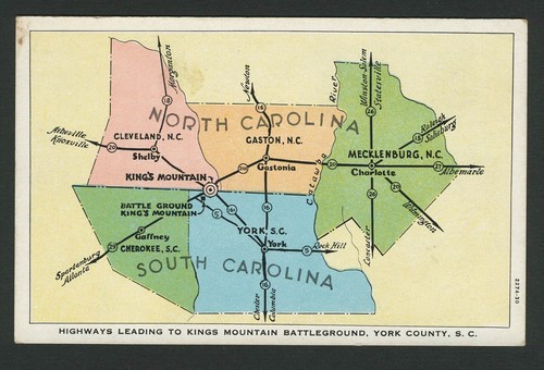 Blacksburg SC: c.1930 Map Postcard KINGS MOUNTAIN BATTLEGROUND YORK ...