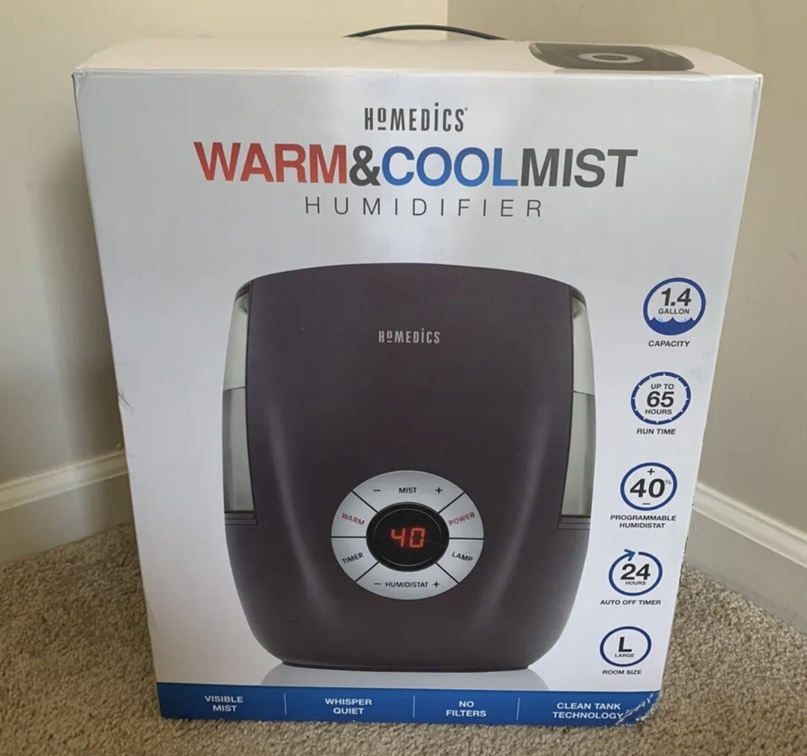 NEW HoMedics Warm &Cool Mist Ultrasonic LRG Room 64 hour 1.4 gallon ...