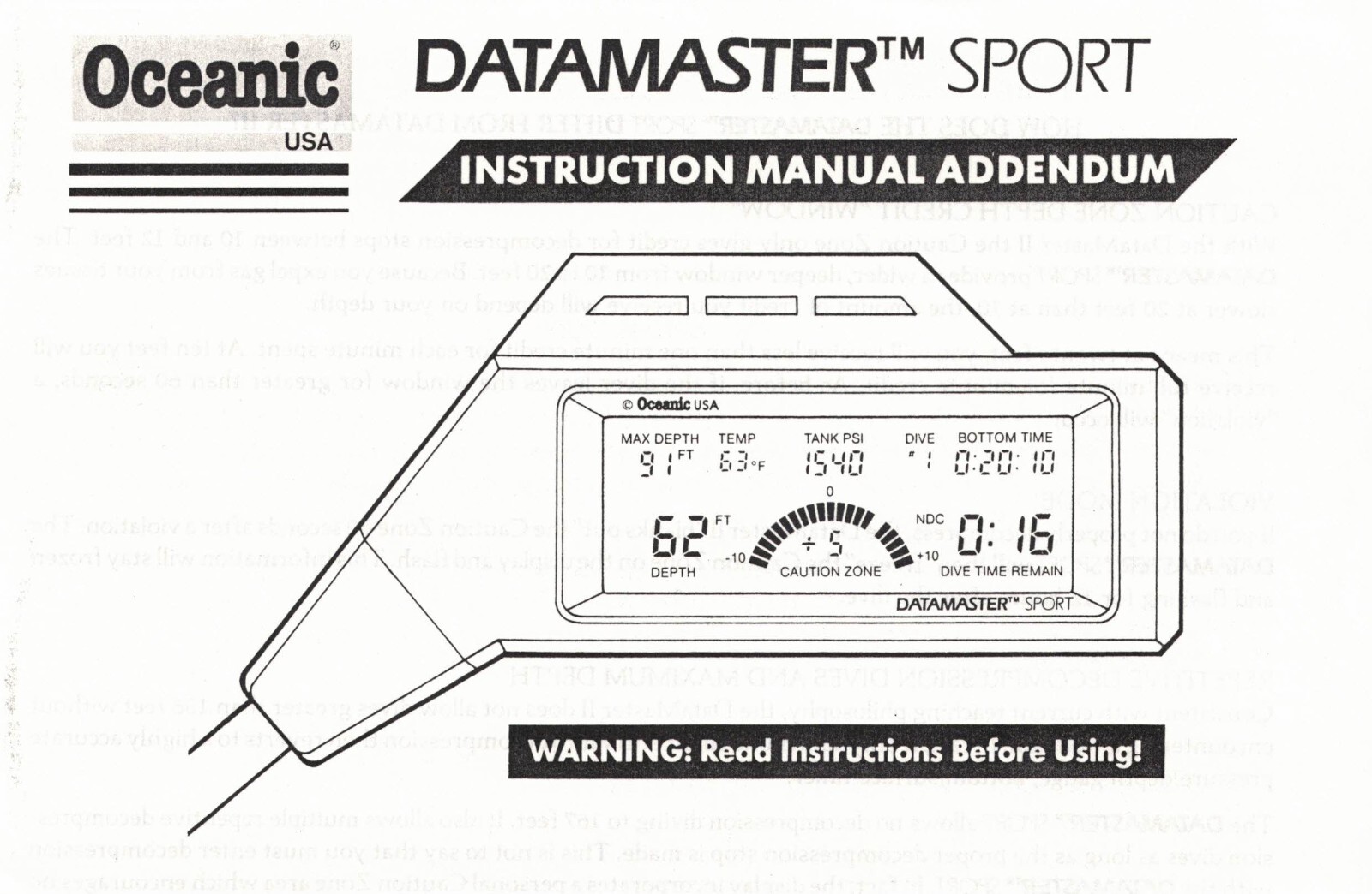 Oceanic DataMaster Sport Scuba Dive Computer Printed Manual | eBay