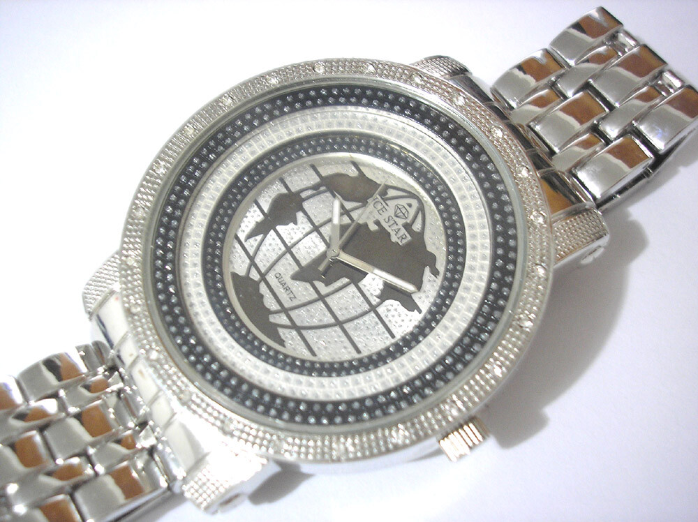 Silver Tone Metal Big Case & Band Globe Dial Men's Watch w Crystals ...