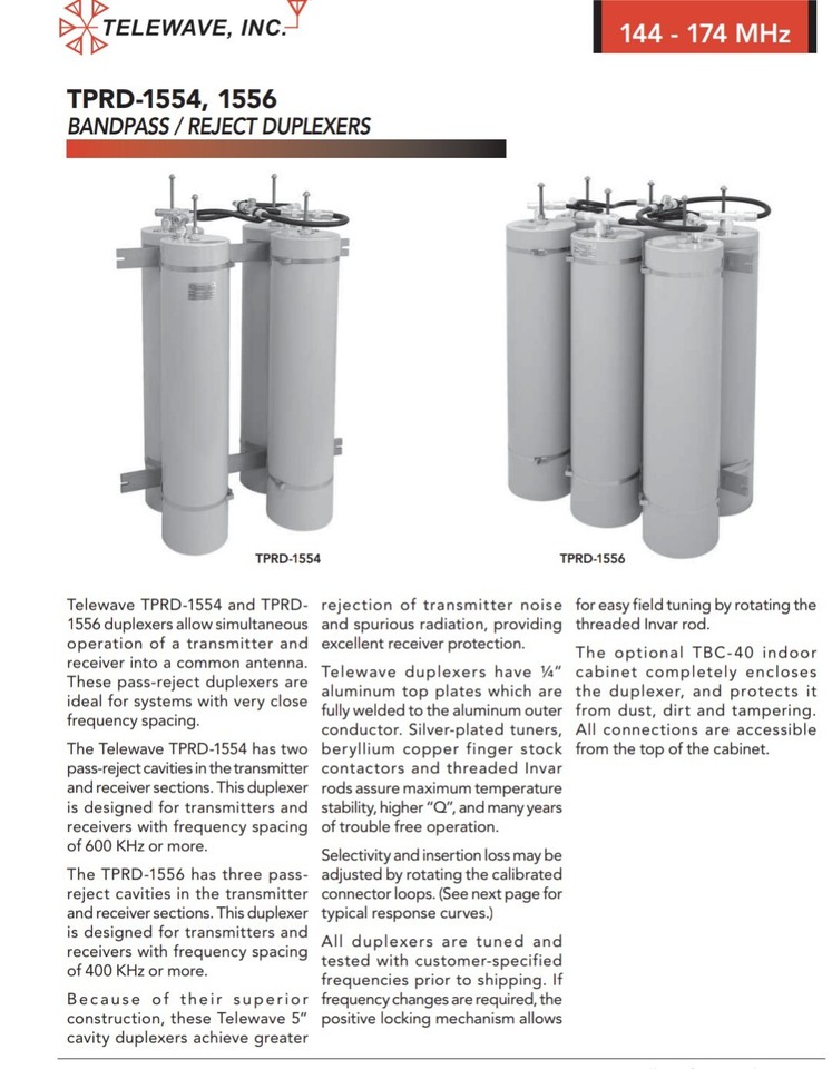 Telewave VHF Duplexer TPRD-1556 144-174 350W 400k Separation 2M capable ...