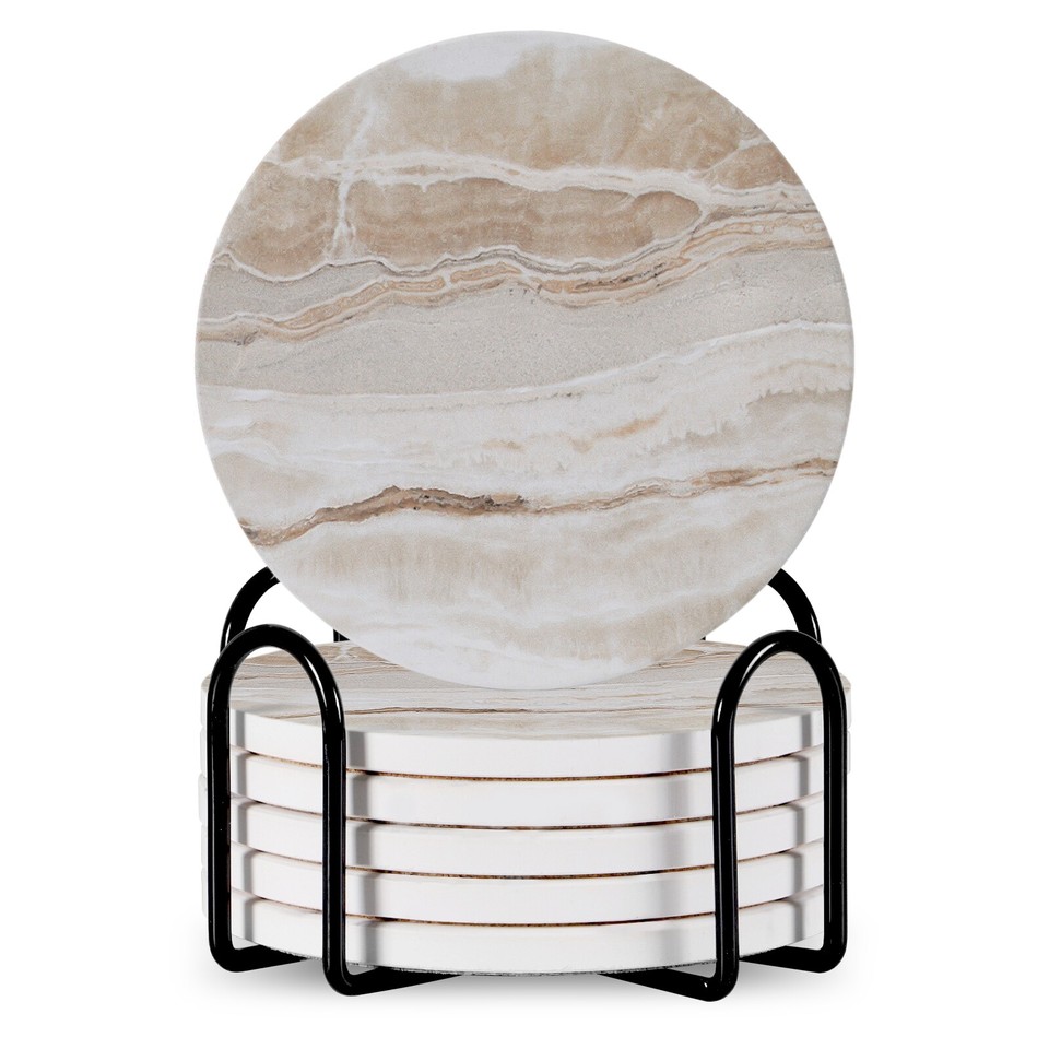 Set Of 6 Beverage Coasters With Stand Round 4in Ceramic Coaster With ...