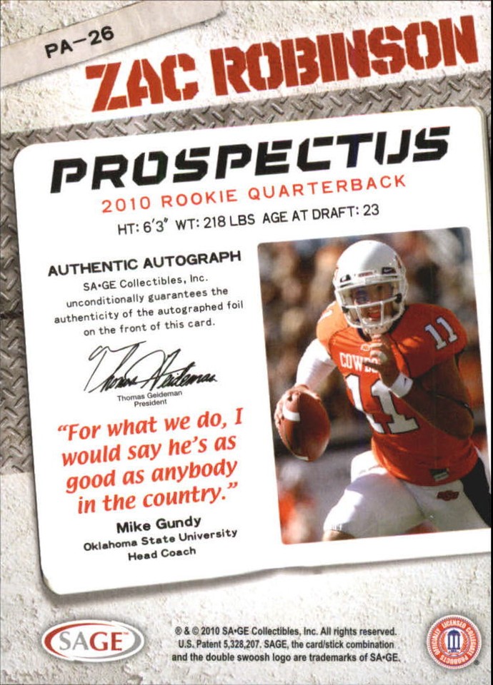 2010 SAGE HIT Prospectus Autographs #P26 Zac Robinson /100 | eBay