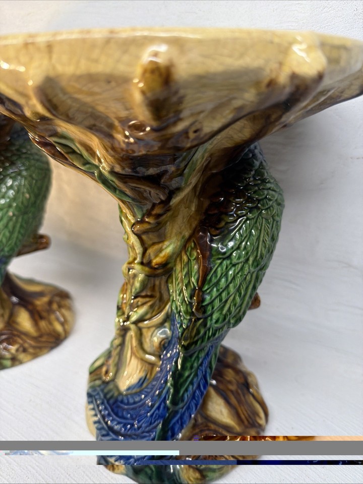 2 Antique Majolica Parrot Stands On Branch Tabletop | eBay