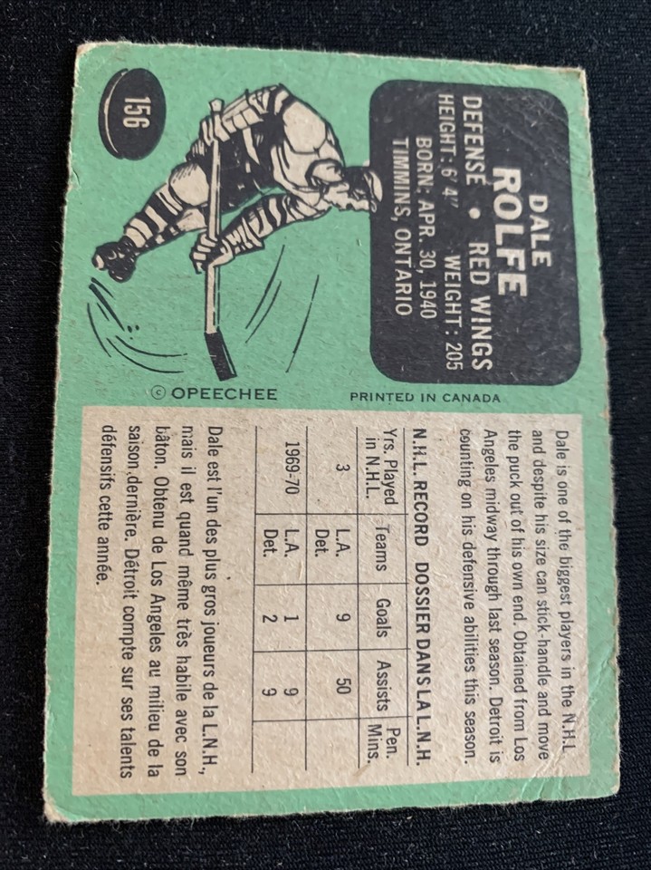1970-71 Topps Hockey Card #156 Dale Rolfe Detroit Red Wings Good Free ...