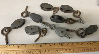 ANTIQUE VINTAGE LOT OF 8 MINIATURE PULLEYS WITH SCREW HOOKS MEASURES 1. ...