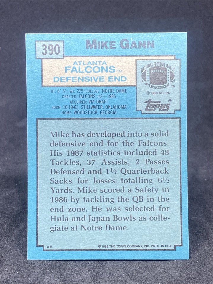 MIKE GANN 1988 Topps NFL Football #390 FALCONS | eBay