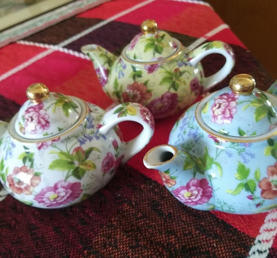 Lot Of 3 Mini Ceramic Teapots Floral Prints Cottage Style Yellow,White ...