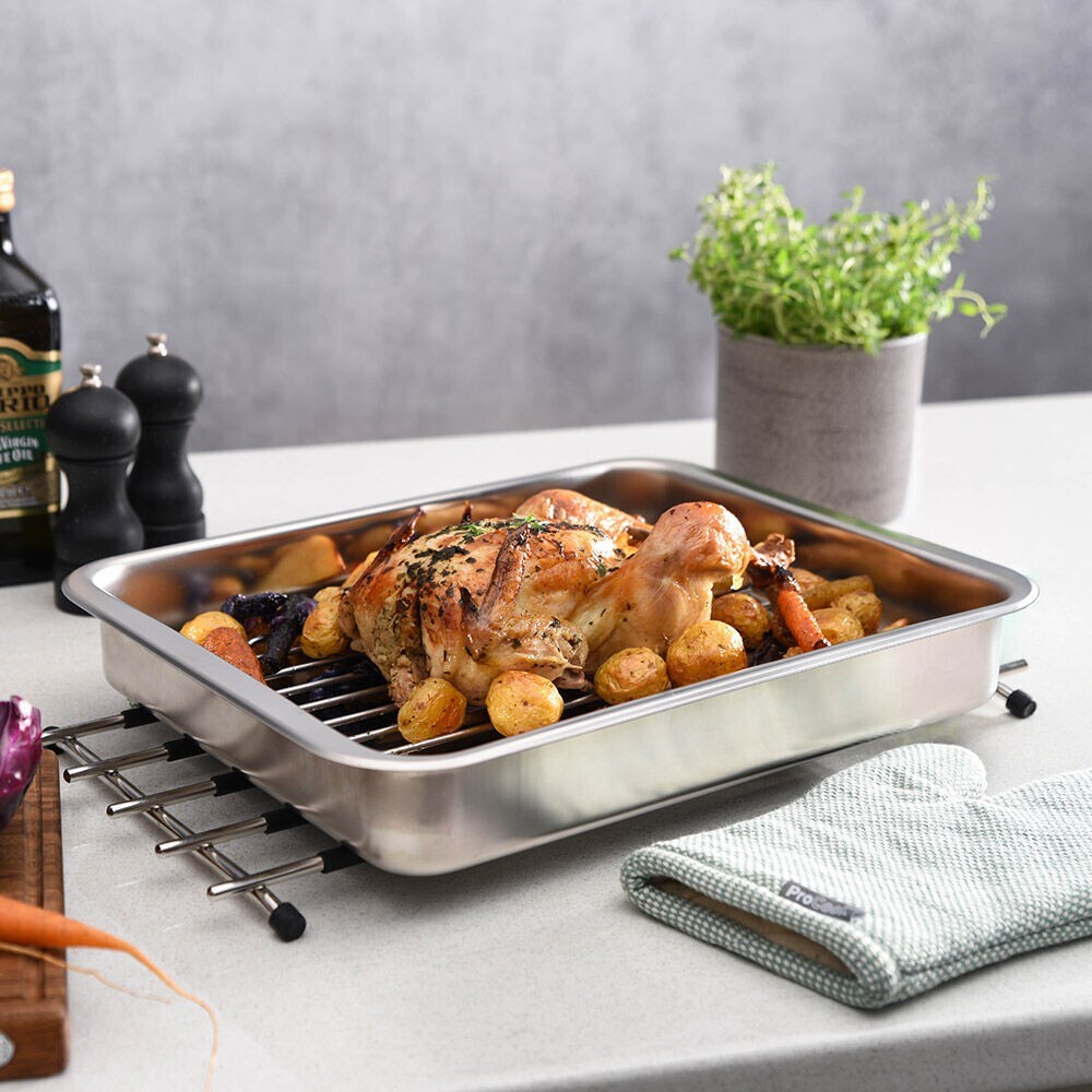 32CM BAKING TRAY STAINLESS STEEL DEEP ROASTING OVEN PAN BAKE COOK DISH ...