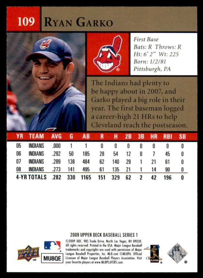 2009 Upper Deck Ryan Garko Cleveland Indians #109 1095 | eBay
