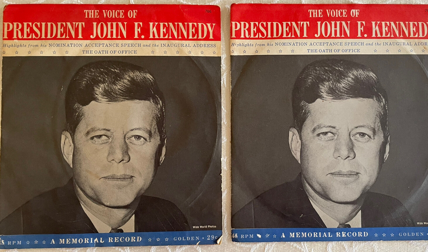 2 COPIES - THE VOICE OF PRESIDENT JOHN F. KENNEDY 45 RPM Memorial ...