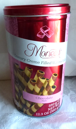 Monetta Luxury Creme Filled Wafers Rolls Chocolate Tin- Round Red EMPTY ...