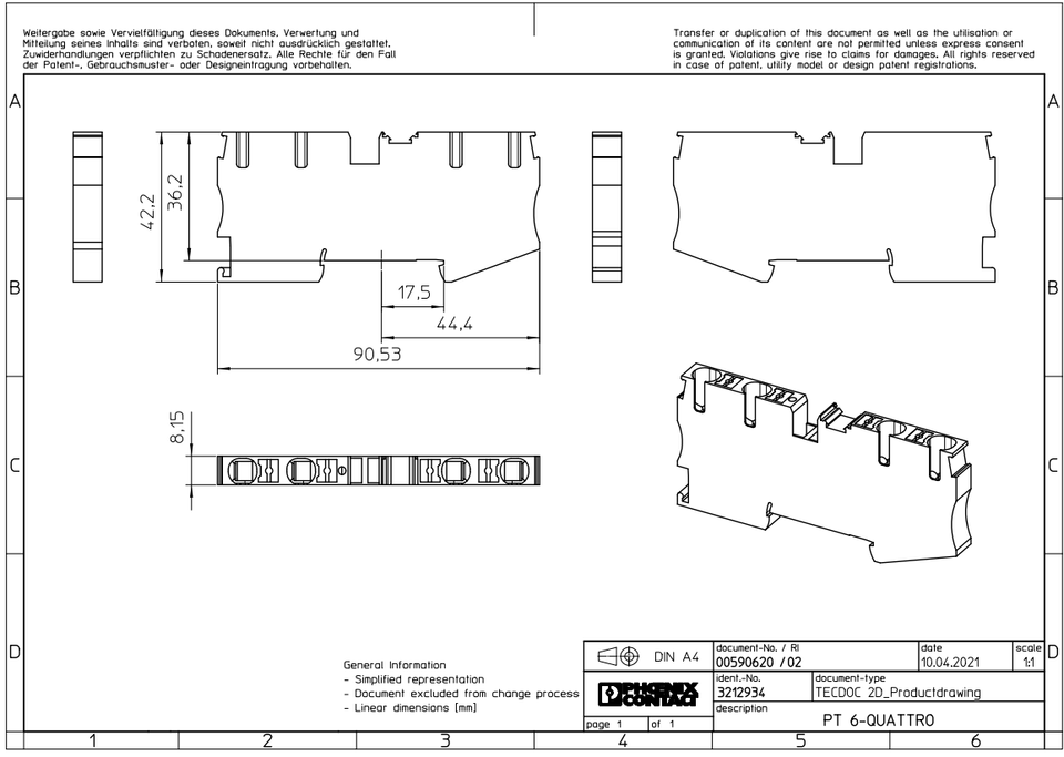 50pcs Phoenix Feed-through Terminal Block PT6-QUATTRO Order Number ...