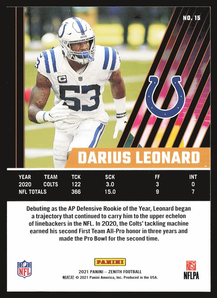 2021 Zenith #15 Darius Leonard Artist Proof Silver #/49 SN | eBay