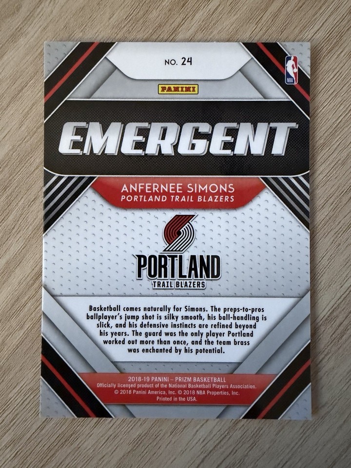 2018-19 Panini Prizm Emergent ANFERNEE SIMONS Rookie Card RC #24 Trail ...