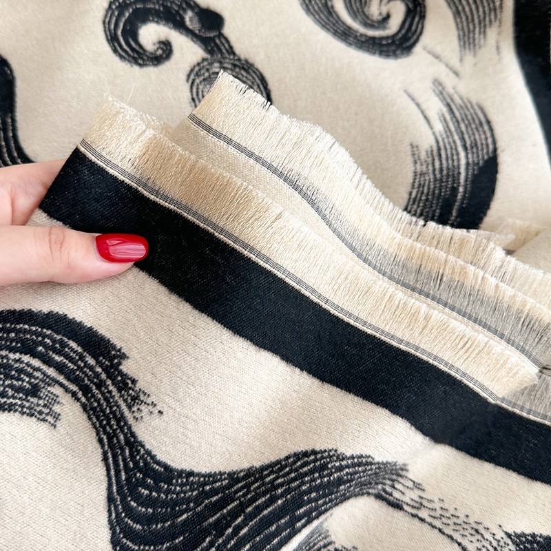 2PCs Reversible Black & Beige Floral Print Shawl Scarf Oversized Luxury ...