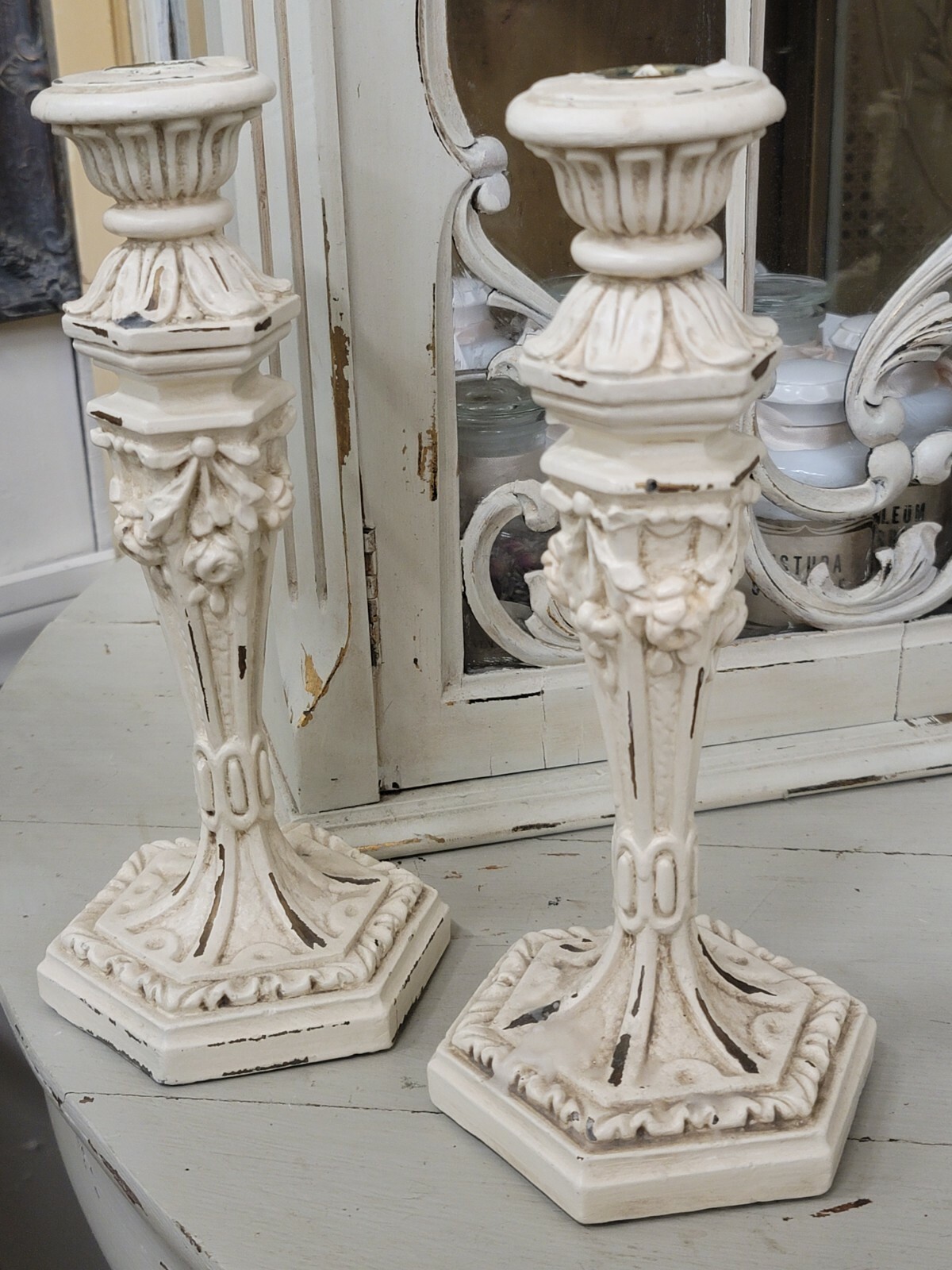 Pair of Heavy Composite Barbola Figural Candle Holders, Rose Swags ...