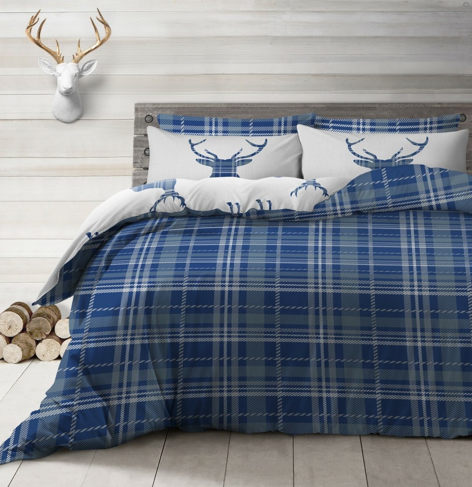 Stag Red Grey Ochre Navy Tartan Check Reversible Duvet Quilt Cover ...