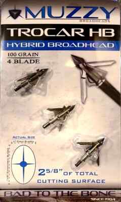 Muzzy Trocar HB Hybrid Broadhead Mechanical 4 Blade (100 Grain) 3 Heads ...