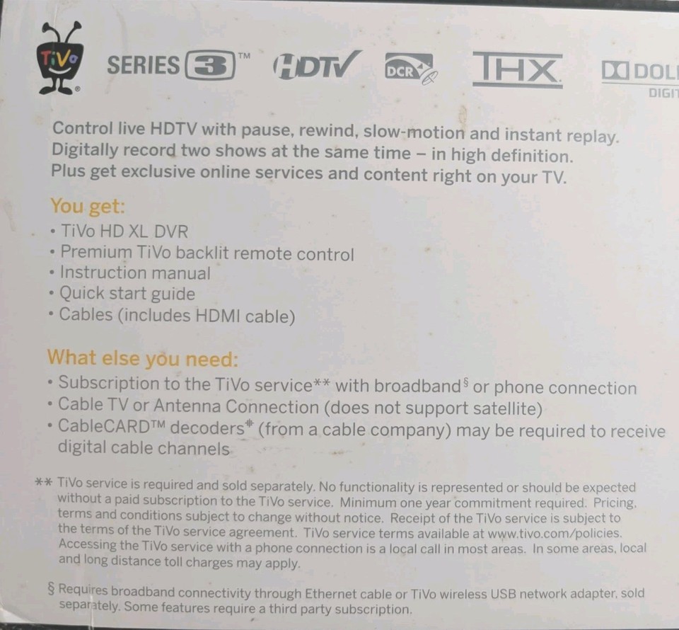 Tivo HD XL Series 3 DVR 1TB Video Model TCD658000 150 Hours - Factory ...