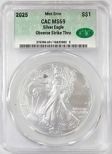 2025 Mint Error Silver Eagle Obverse Strike Thru CAC MS69 (2082) | eBay