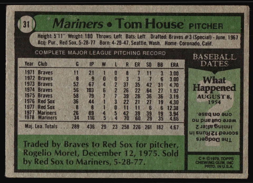 1979 Topps Tom House #31 Seattle Mariners L2 | eBay