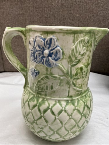 Handmade Ceramic Spring Green And White Pitcher With A Blue Flower ...