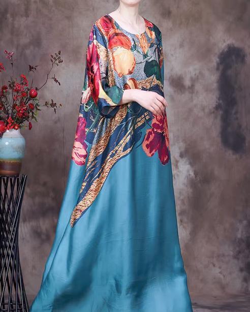 Womens Silk Print Floral Maxi Dress Kaftan Round Neck Loose Robe New ...