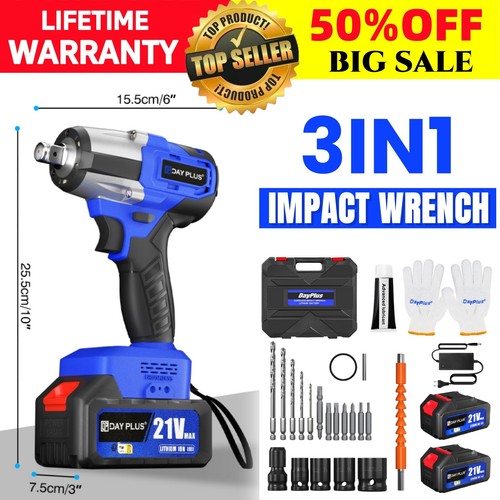 Impact Wrench 2000Nm Cordless Electric Drill Gun Ratchet Driver with 1/ ...
