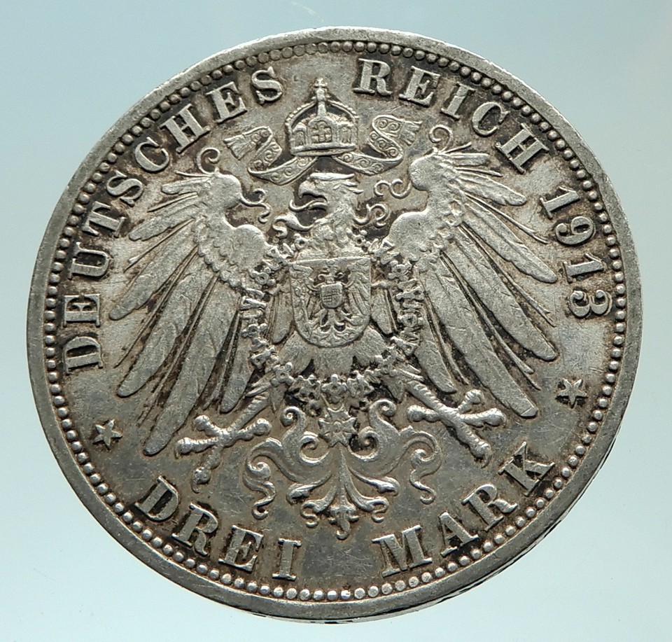 1913 PRUSSIA KINGDOM Germany WILHELM II Genuine Silver 3 Mark German ...