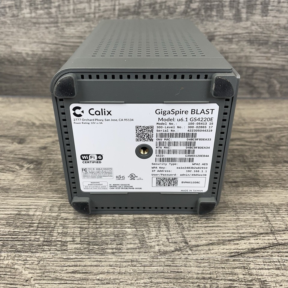 Calix GigaSpire Blast GS4220E 100-05413 WiFi6 Gigabit Router (No Power ...