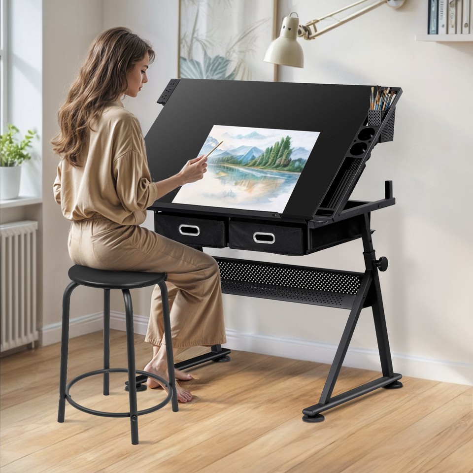 Drawing Drafting Table Stage Platform Adjustable Height W/ Stool Outlet ...