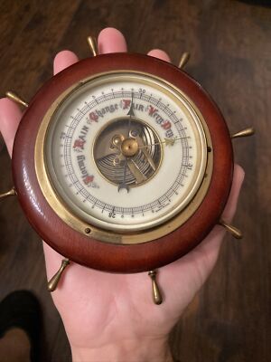Vintage Wood Stormy Rain Change Fair Very Dry Barometer Ship Wheel ...