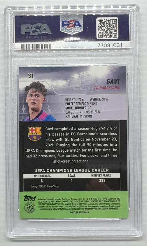 2021-22 Stadium Club Chrome CC Gavi Rookie Card RC #31 PSA 10 Barcelona ...