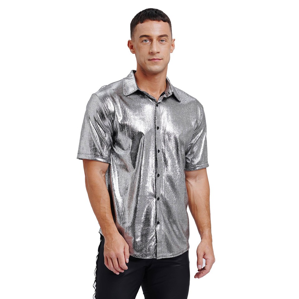 Men's Glitter Shirt Short Sleeve Shiny T-shirt Disco Party Shirt ...