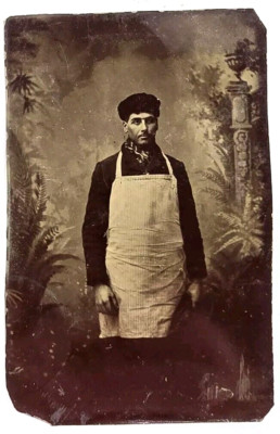 Antique Occupational Tintype Photo Victorian Man Butcher Apron Tool Hat ...