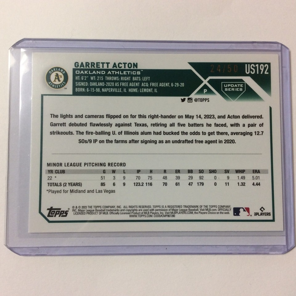 2023 Topps Update US192 Garrett Acton RC Oakland Athletics 24/50 ...
