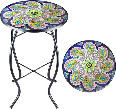Small Round Mosaic Side Table Accent Plant Stand For Porch Balcony ...