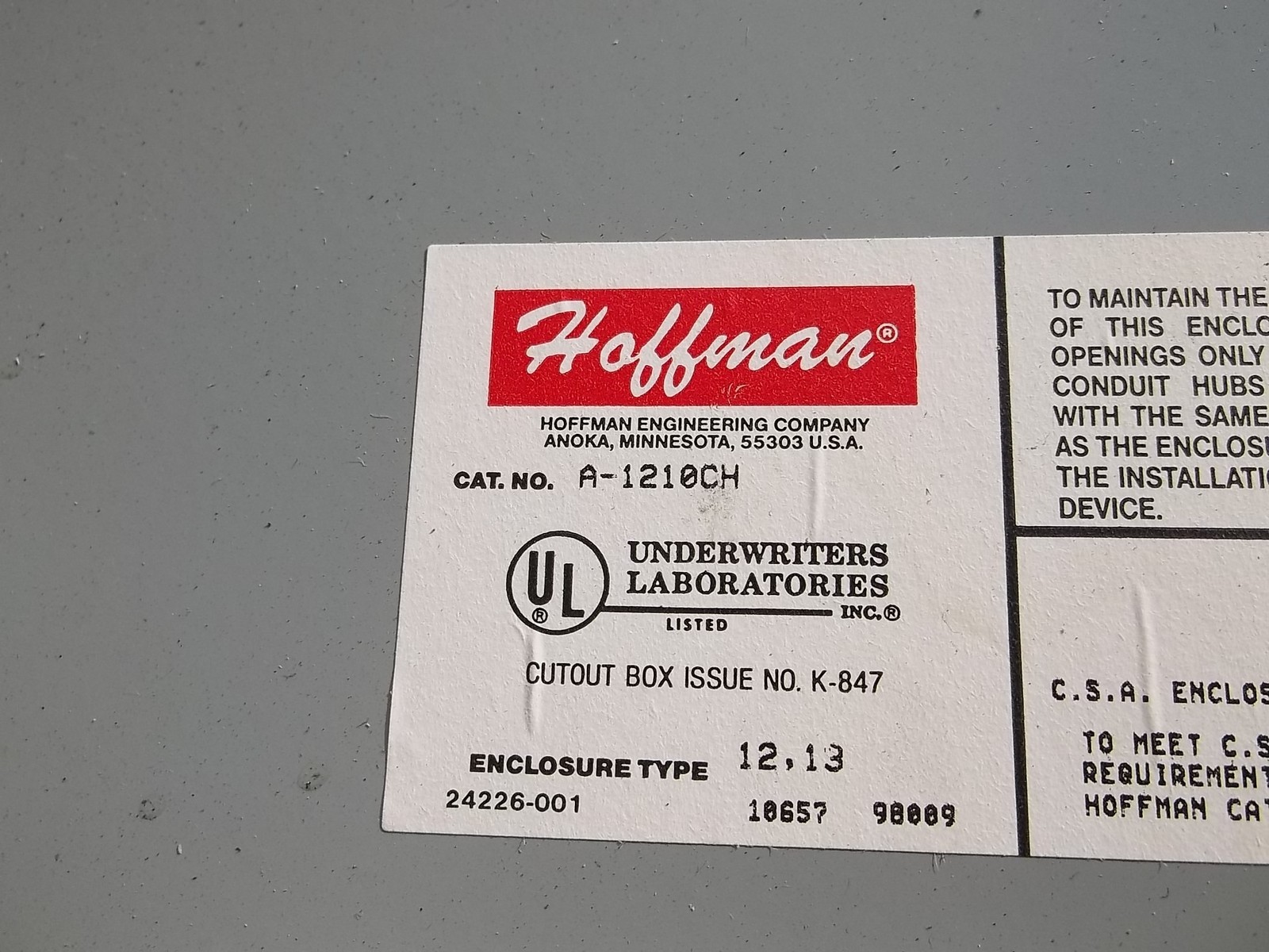 Hoffman Electrical Box A-1210CH Juntion Box Enclosure *FREE SHIPPING ...