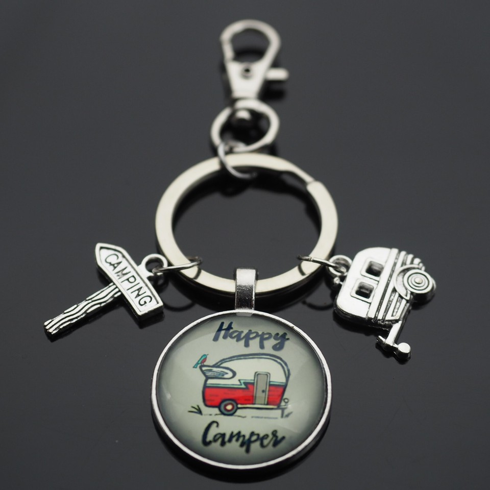 Happy Camper Camping RV Trailer Cute Glass Cabochon Dome Keychain with ...