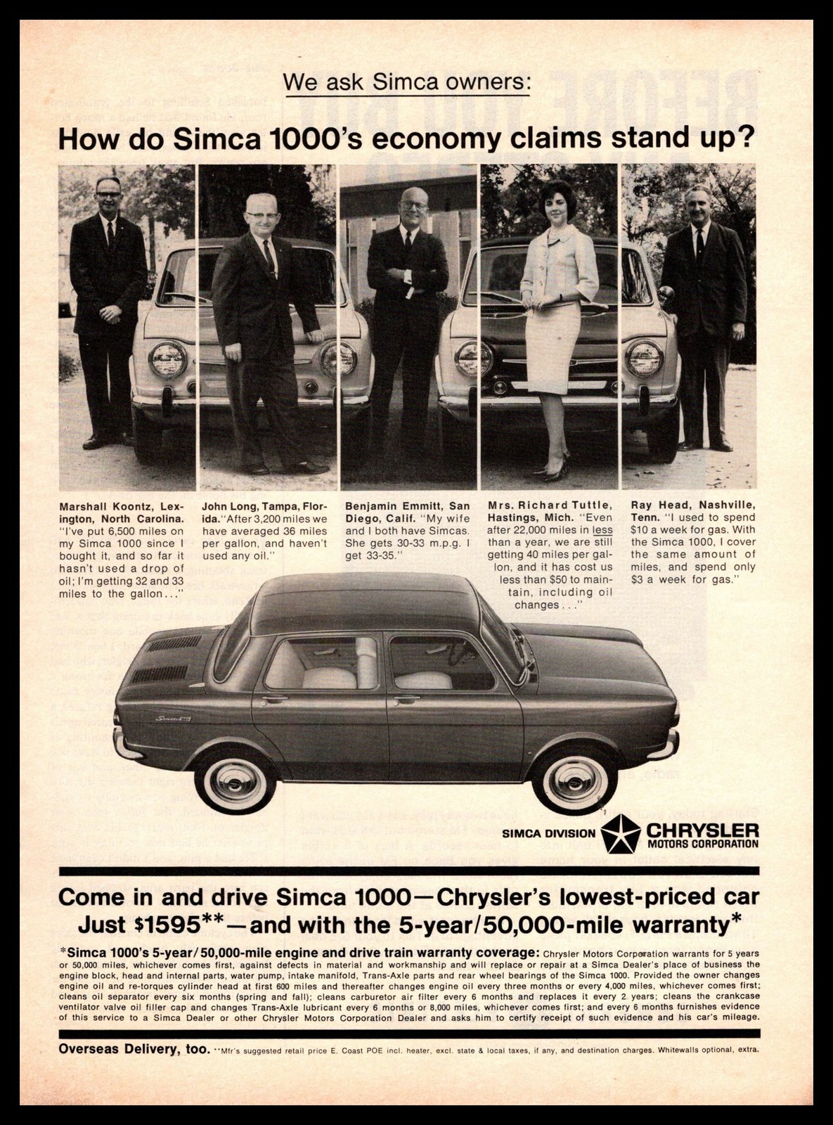 1965 Chrysler Simca 1000 4-Door Sedan $1595 5 Year 50,000 Mile Warranty ...