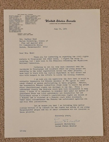 CIVIL RIGHTS LETTERS DEFENSE VOTING SENATOR SIGNED 1963 1964 ...
