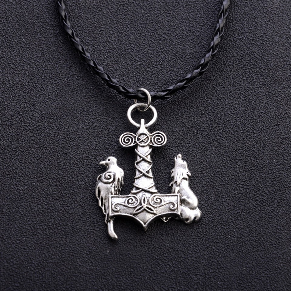 Mens Nordic Viking Mjolnir Wolf Crow Pendant Chain Myth Thor's Hammer ...