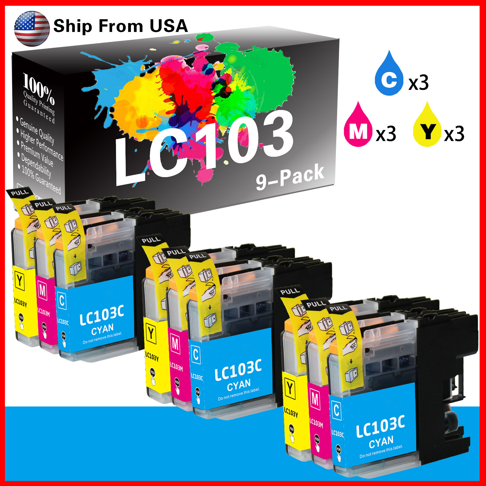 (9PK,3C3M3Y) LC103 XL LC-103XL Ink Cartridge for DCP-J132W MFC-J6920DW ...