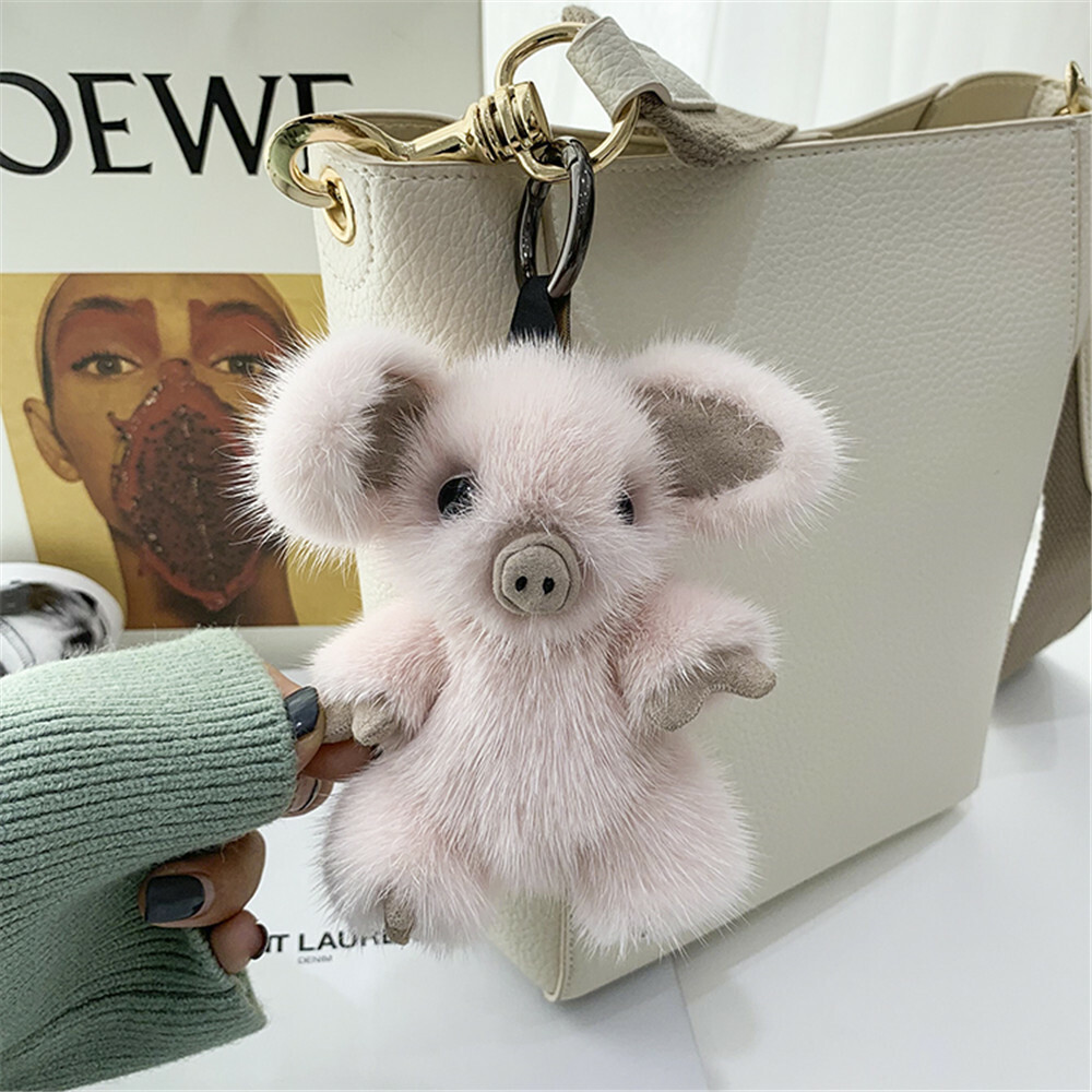 Cute Real Mink Fur Pig Keychain Fur Ball Pompom Car Phone Bag Charm ...