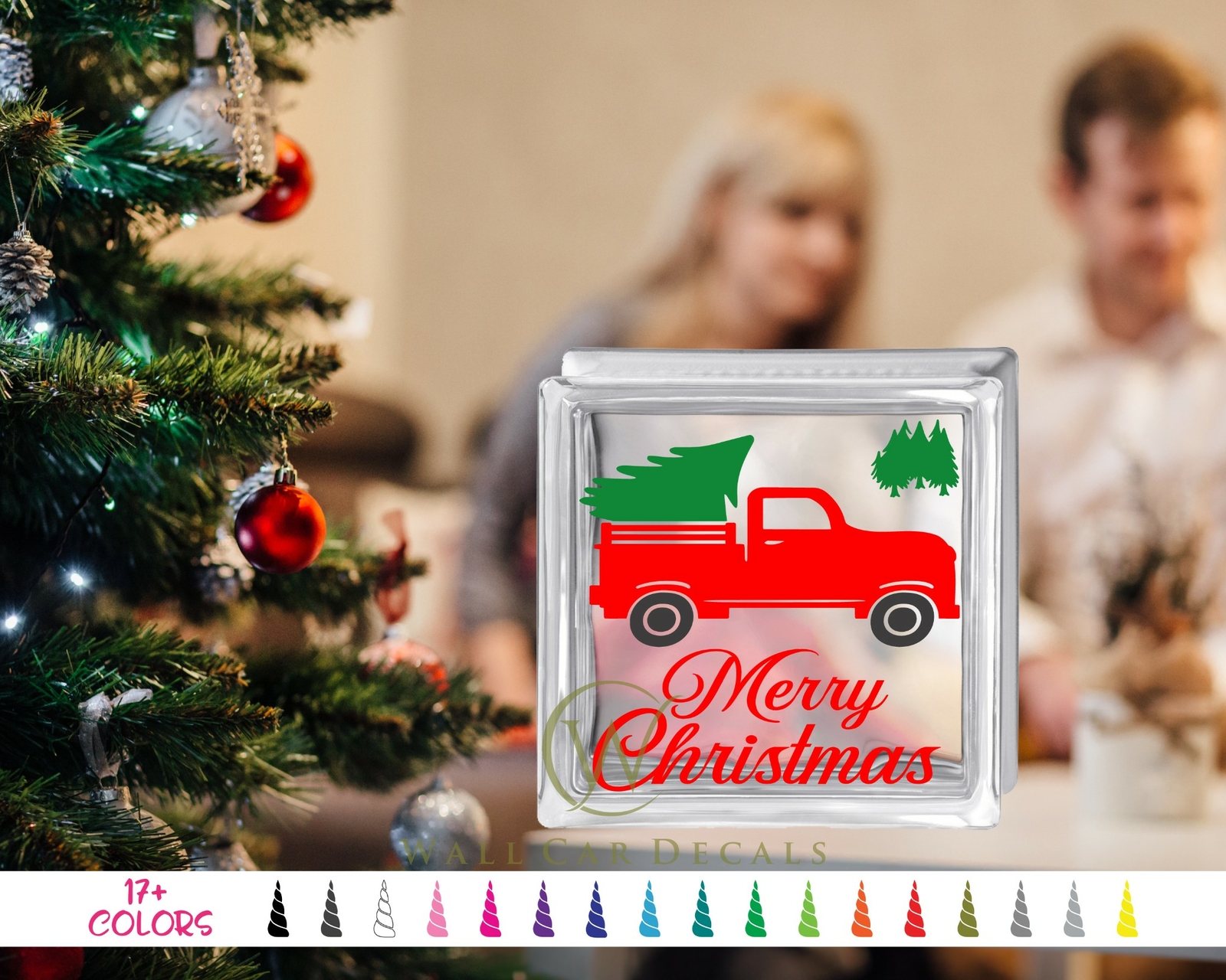 Merry Christmas Tree Truck Glass Block Decal DIY Craft Sticker Holiday ...
