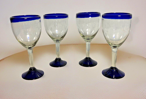 4 Mexican Cobalt Blue Rim & Base Hand Blown Glass Goblets Wine Water ...
