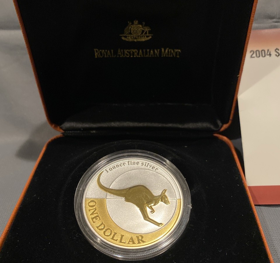 2004 Guilded Silver Kangaroo Coin, 1 oz .999 fineness. Limited mintage ...