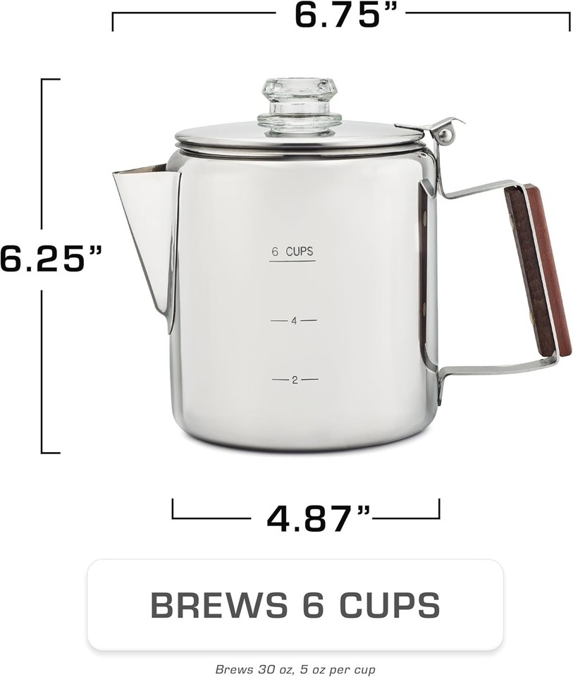 Classic Bozeman Coffee Pot - 6 Cup Stainless Steel Percolator with ...